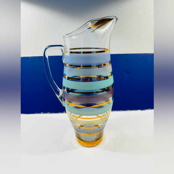 Dining | Vintage Blendo Mcm Blown Glass Blues Gold Strip Clear Tall ...